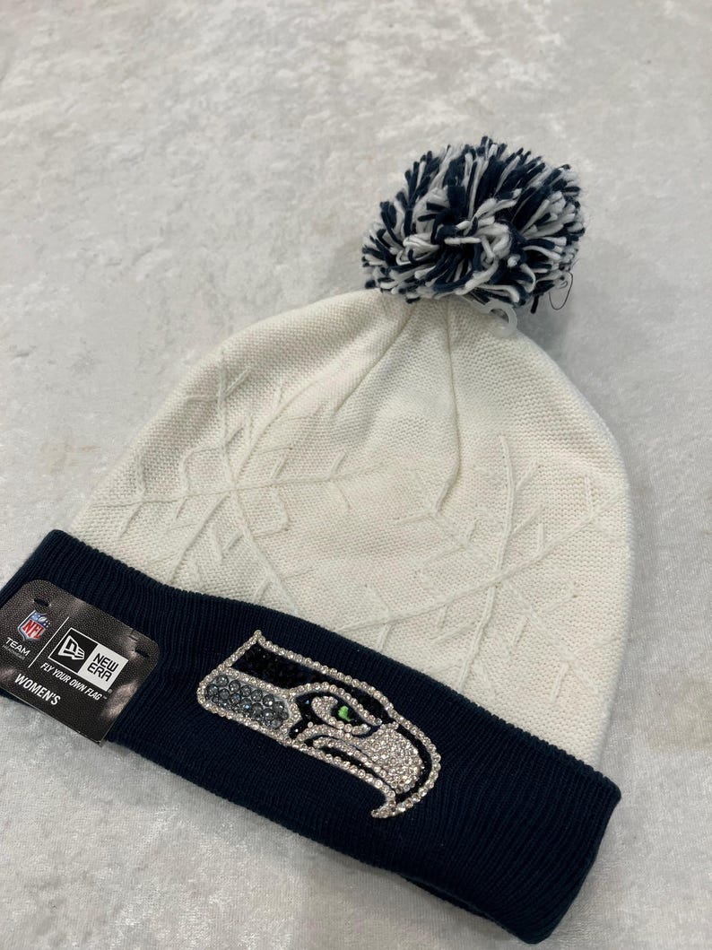 SEATTLE SEAHAWKS Ivory/black Rhinestone Bling Pom Beanie: Hand-jeweled ...