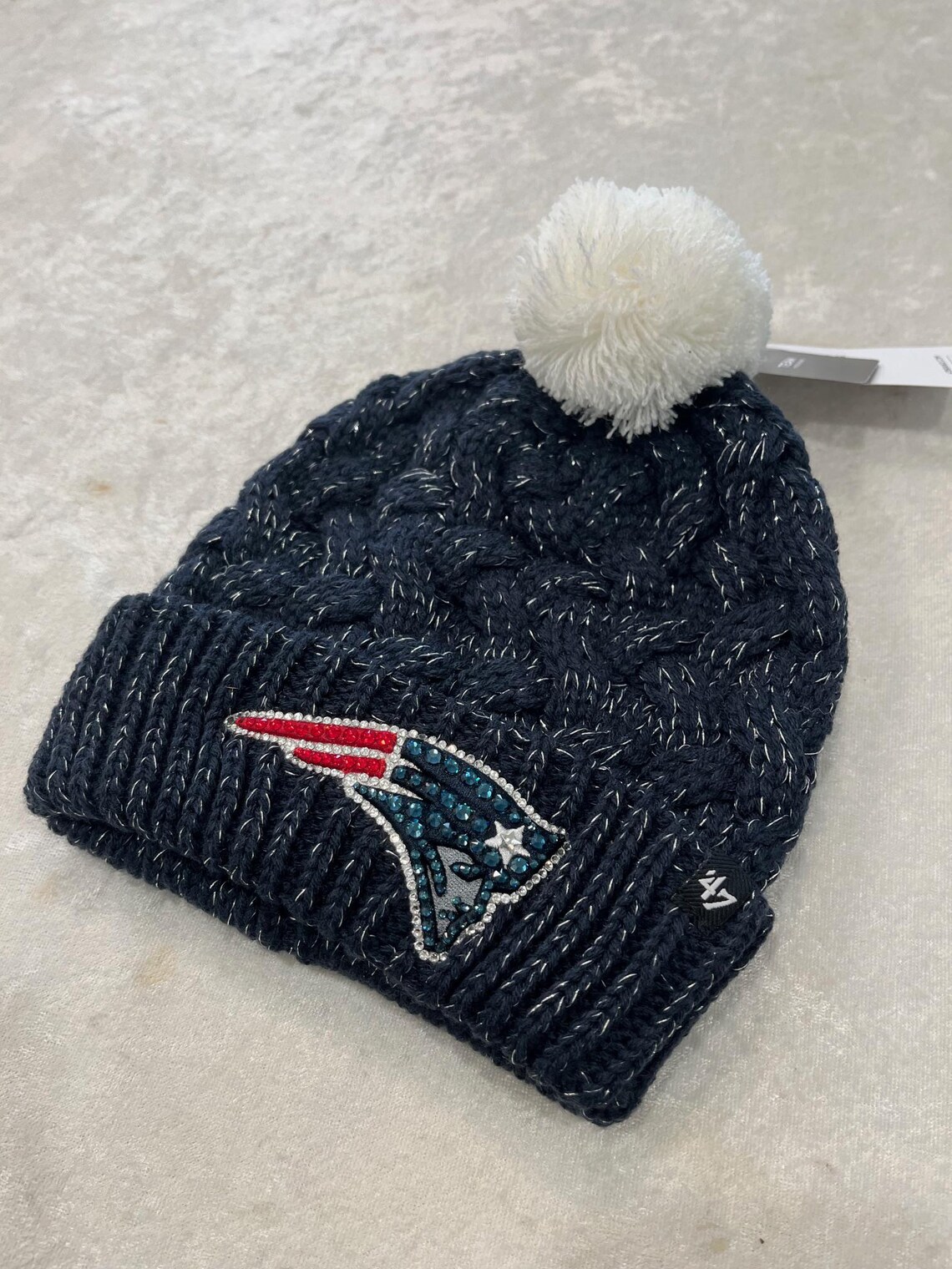 NEW ENGLAND PATRIOTS Pom Rhinestone Bling Beanie: Hand-jeweled With ...