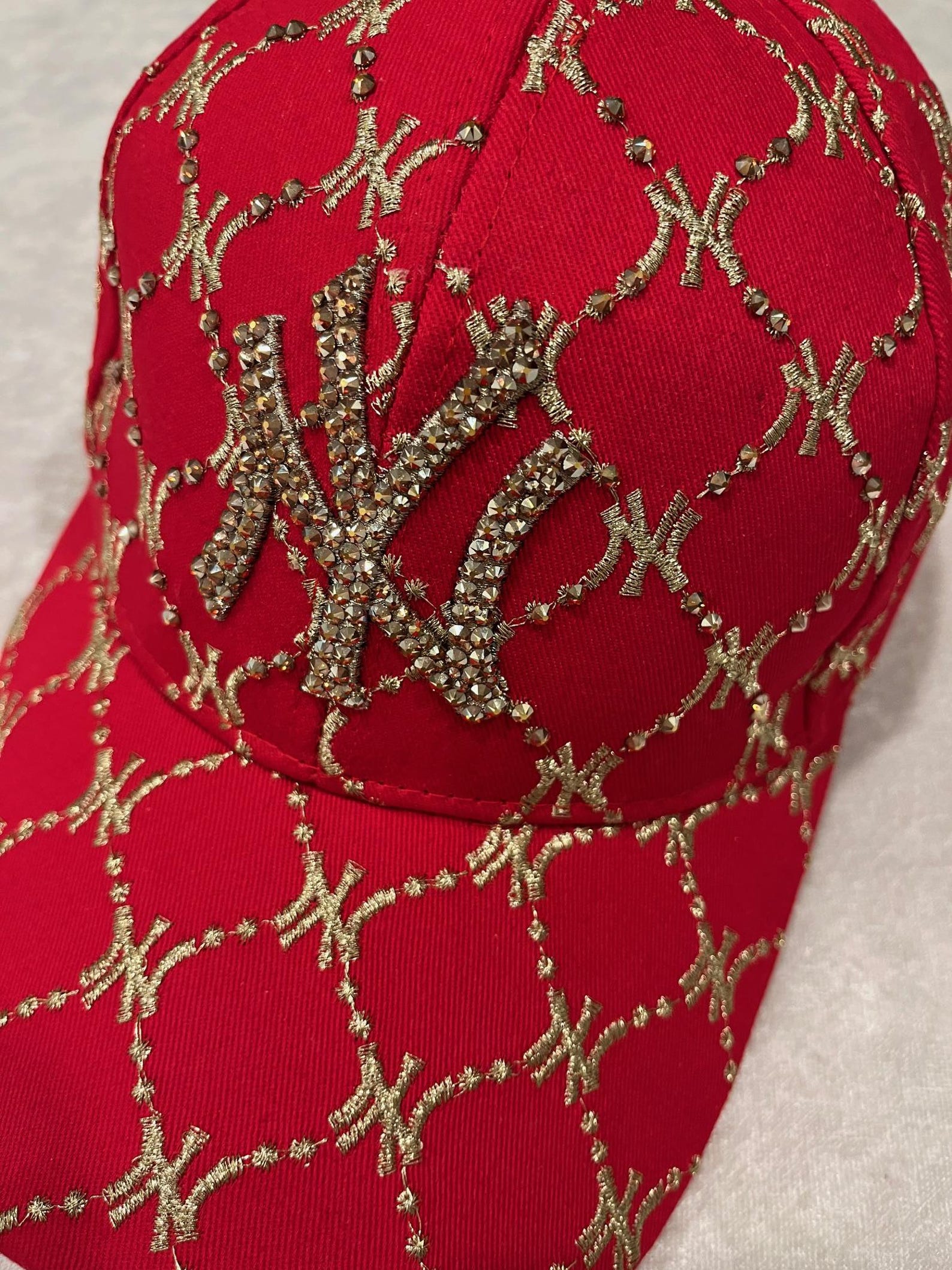 New York NY Red Gold Metallic Bling Hat Hand Jeweled SWAROVSKI Crystal ...