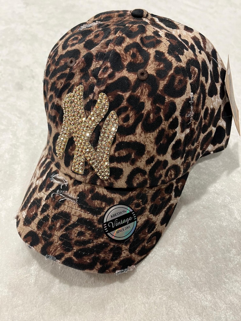 New YORK Leopard Distressed Hat: Hand-jeweled SWAROVSKI Crystals 240 ...