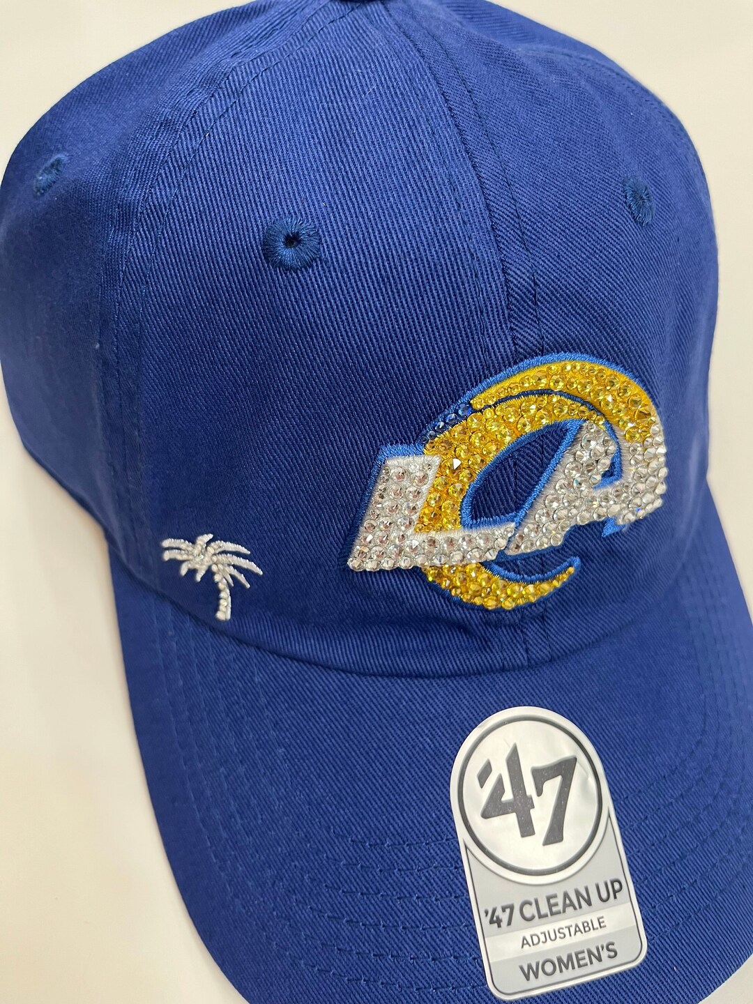 LA RAMS Blue Bling Hat Hand Jeweled Swarovski Crystals Palm Tree Under ...