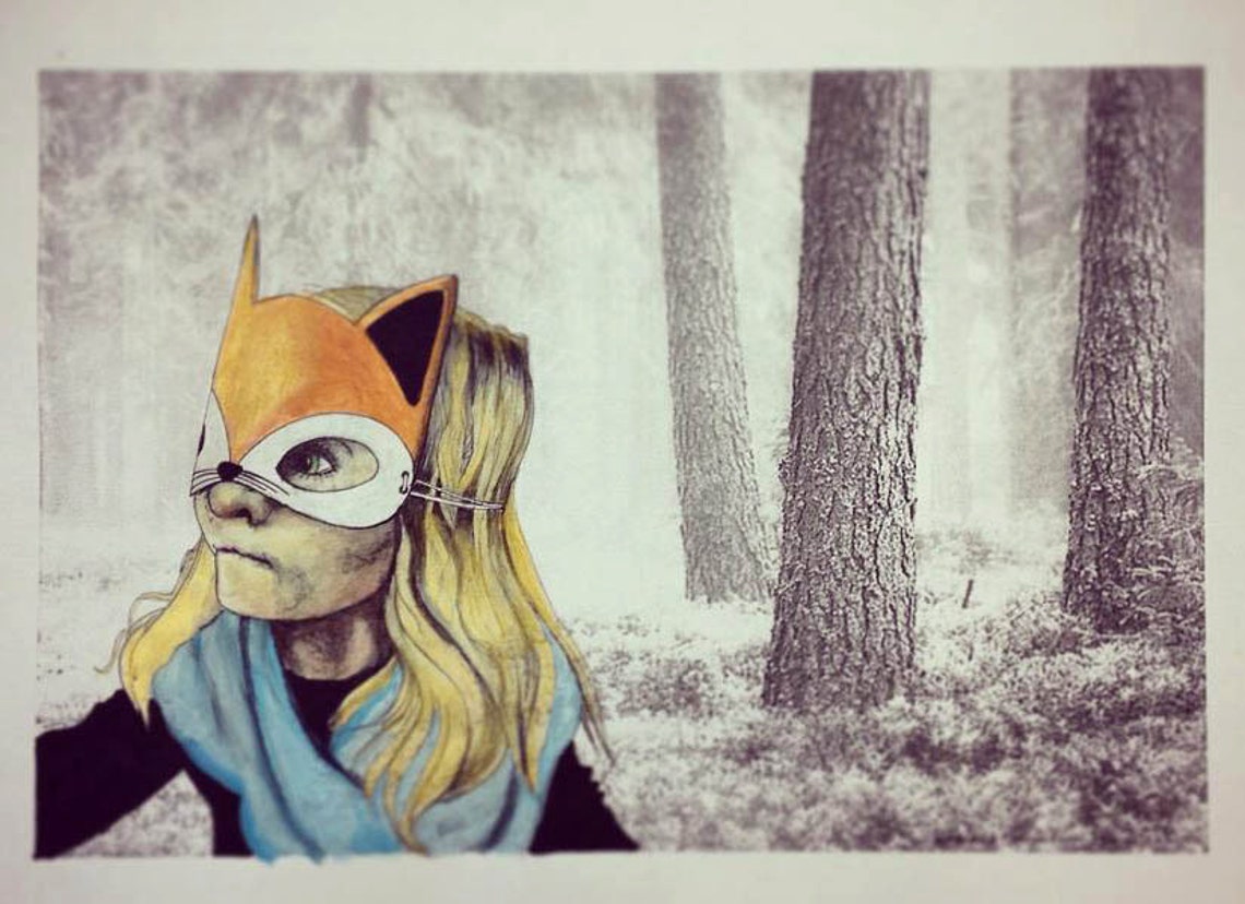 Illustration Fox Mask Girl Mixed Media Photo Pen and - Etsy Norway