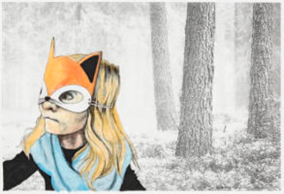 Illustration Fox Mask Girl Mixed Media Photo, Pen and Water Colour ...