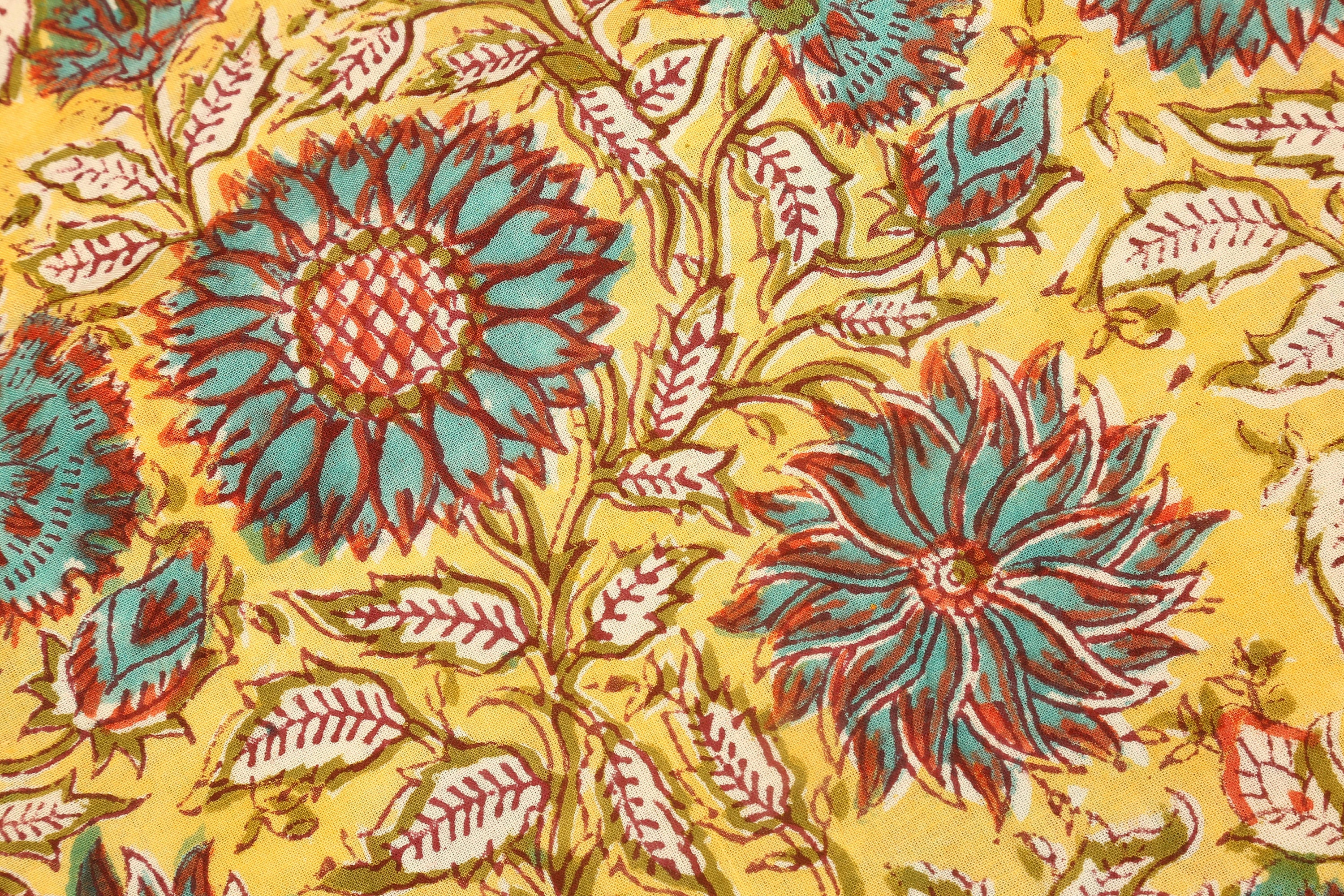 Floral Yellow & Blue Printed Cotton Fabricbeautiful Floral - Etsy