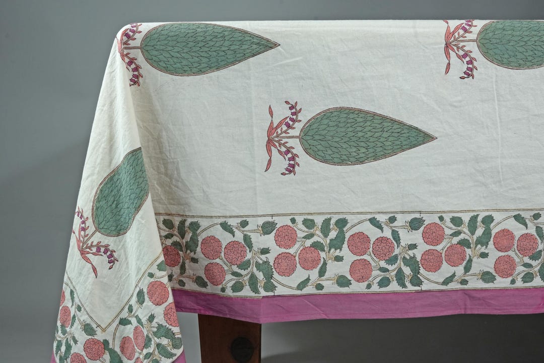 Hand Block Print Table Cover, Rectangular Kitchen Table Cover, Leafy ...