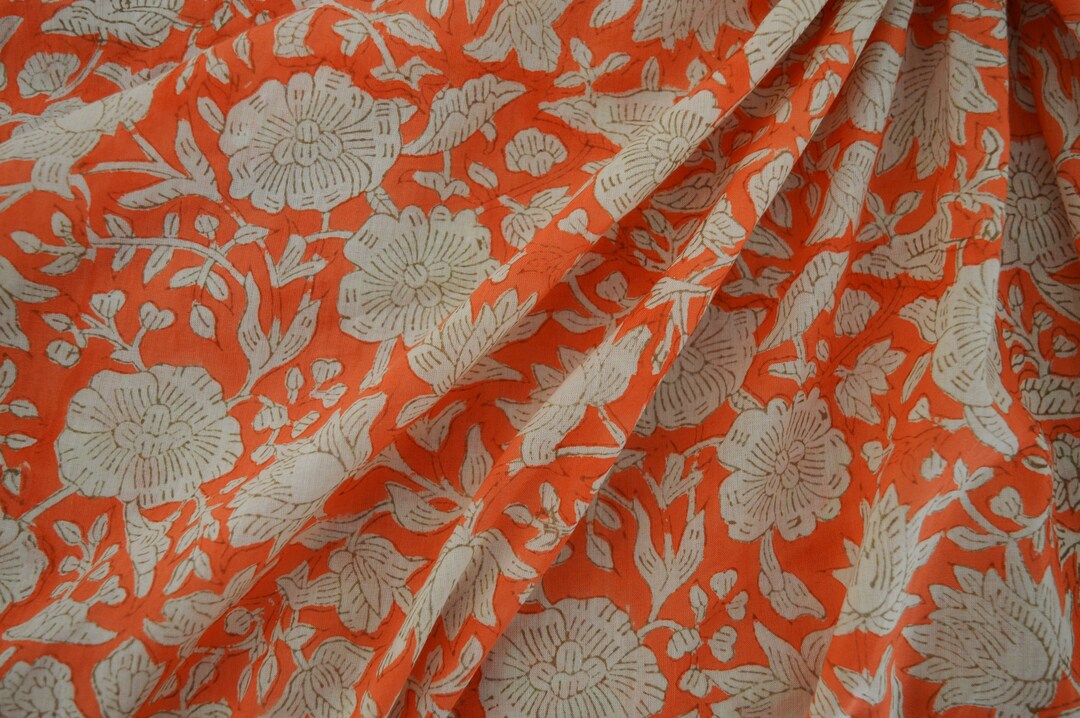 Soft Cotton Mul Mul Fabric, Orange Floral Print Dress Sewing Fabric ...