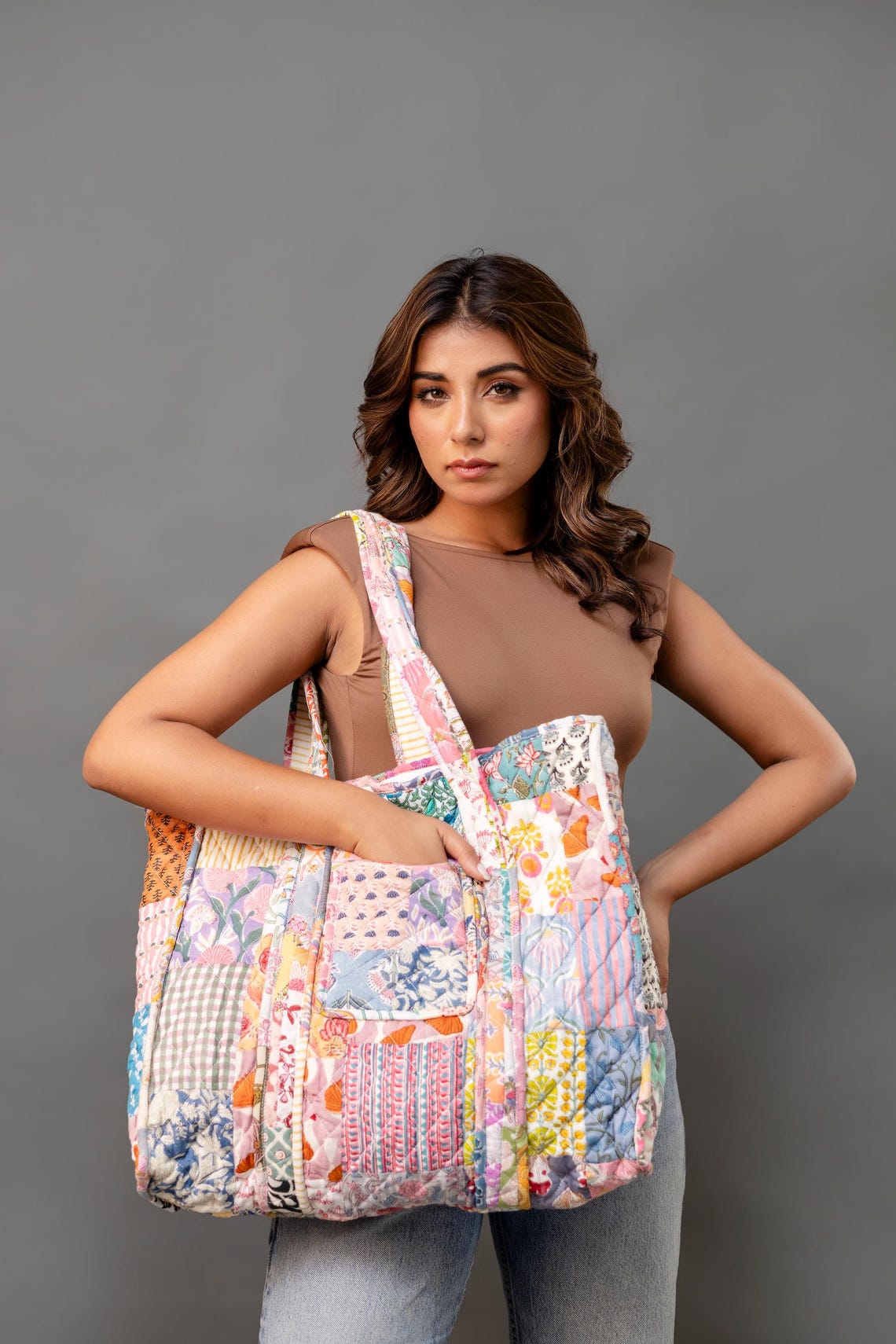 Large Quilted Patchwork Tote | Handmade Cotton Shoulder Bag | Boho ...