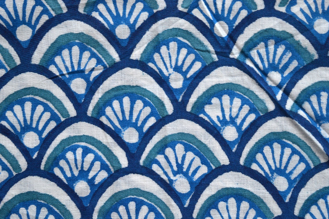 Aqua Blue Beautiful Cloud Print Fabric, Cotton Fabric, Hand Block Print ...