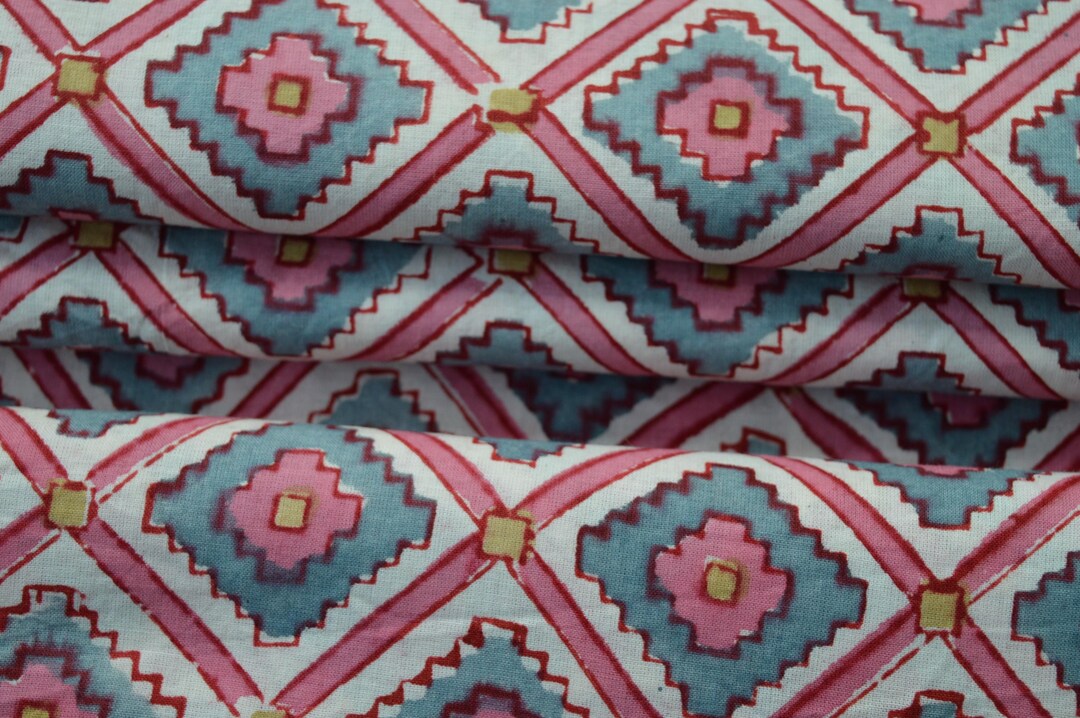 Diamond-shaped Hand Block Print Fabric, Pink Hand Painted Cotton Fabric ...