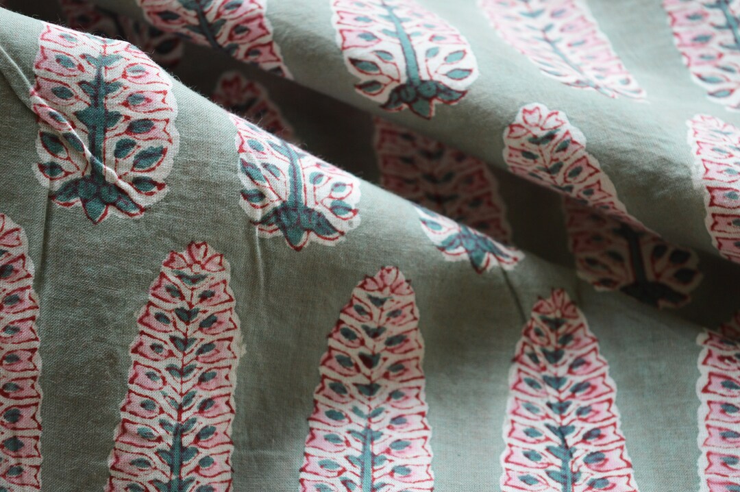 Mughal Print Fabric With Olive Ground 100% Cotton Hand Block Print ...