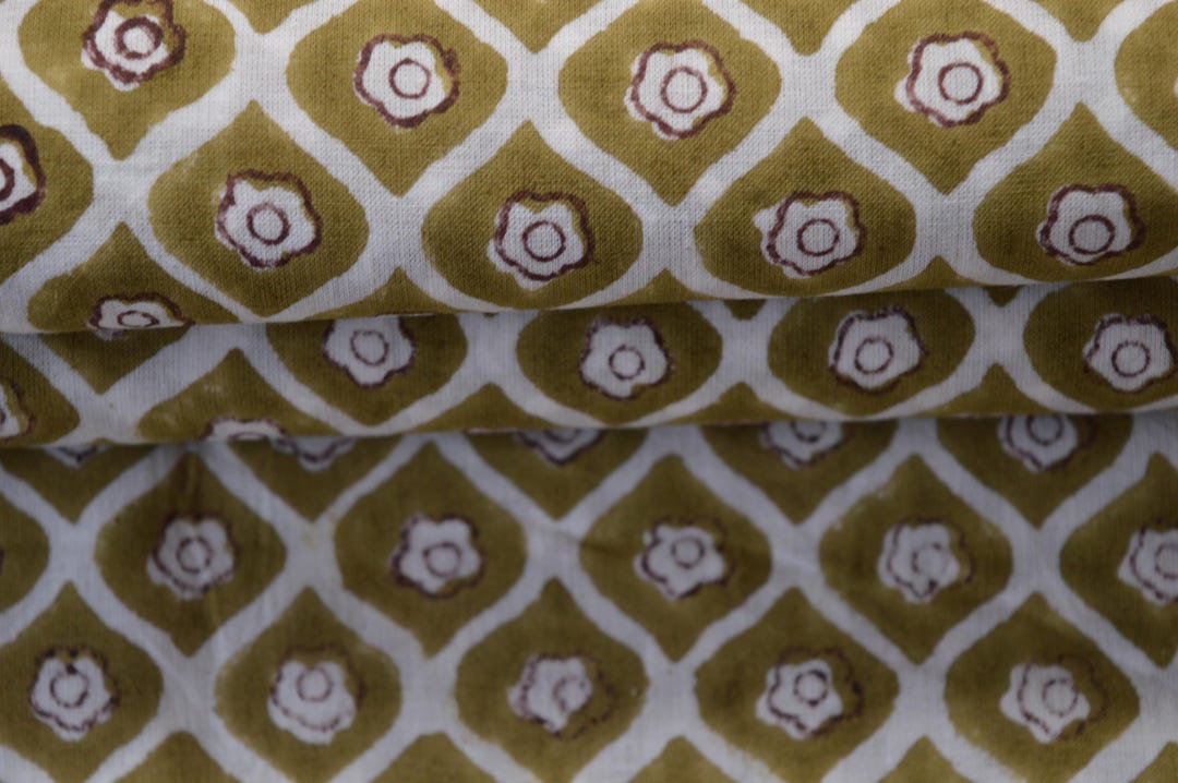 Hand Block Printed Olive Green Fabric, Geometric Floral Patterns on ...