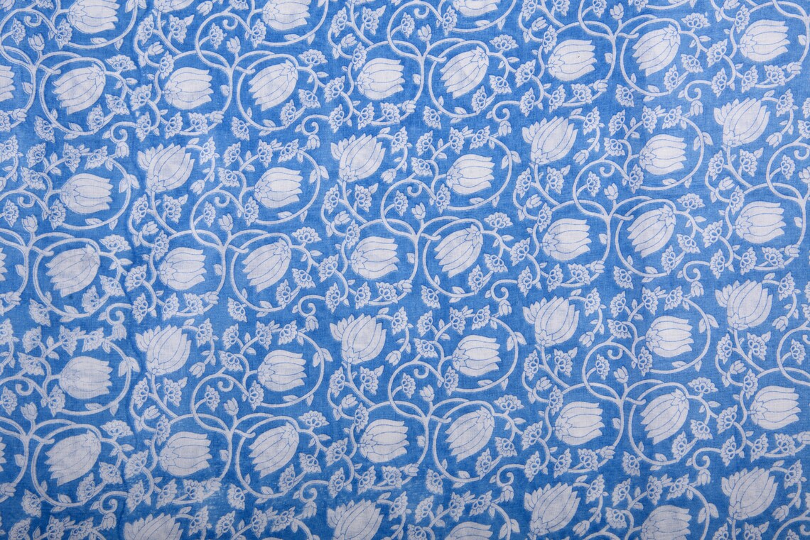 Blue Floral Print Cotton Fabric Floral Fabric Fabric by the - Etsy