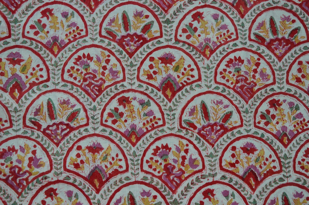 Cotton Fabric: Red Mughal Floral Block Print - Natural Dyes, Boho Style ...