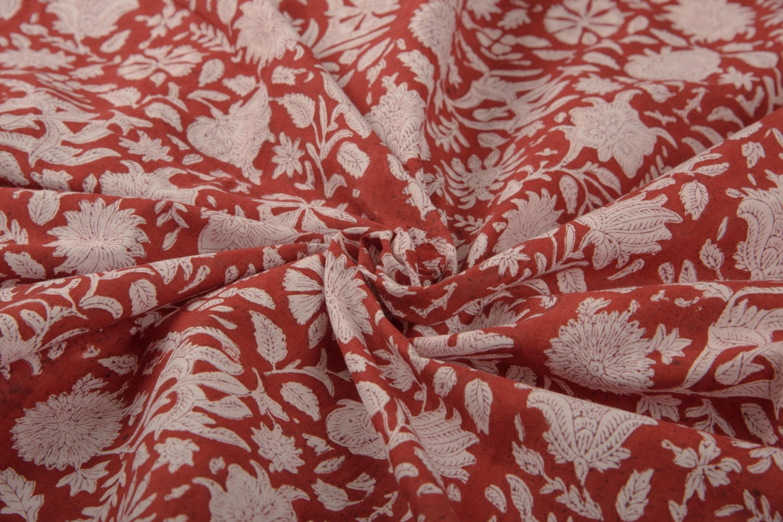 Maroon Floral Print fabric Block Print Cotton Fabric India | Etsy