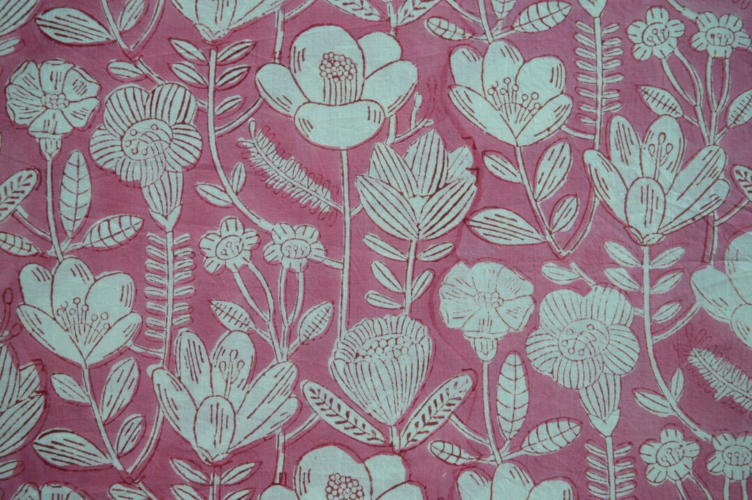 Pink Block Print India Fabric Sold by the Yard Beautiful Floral Mughal ...