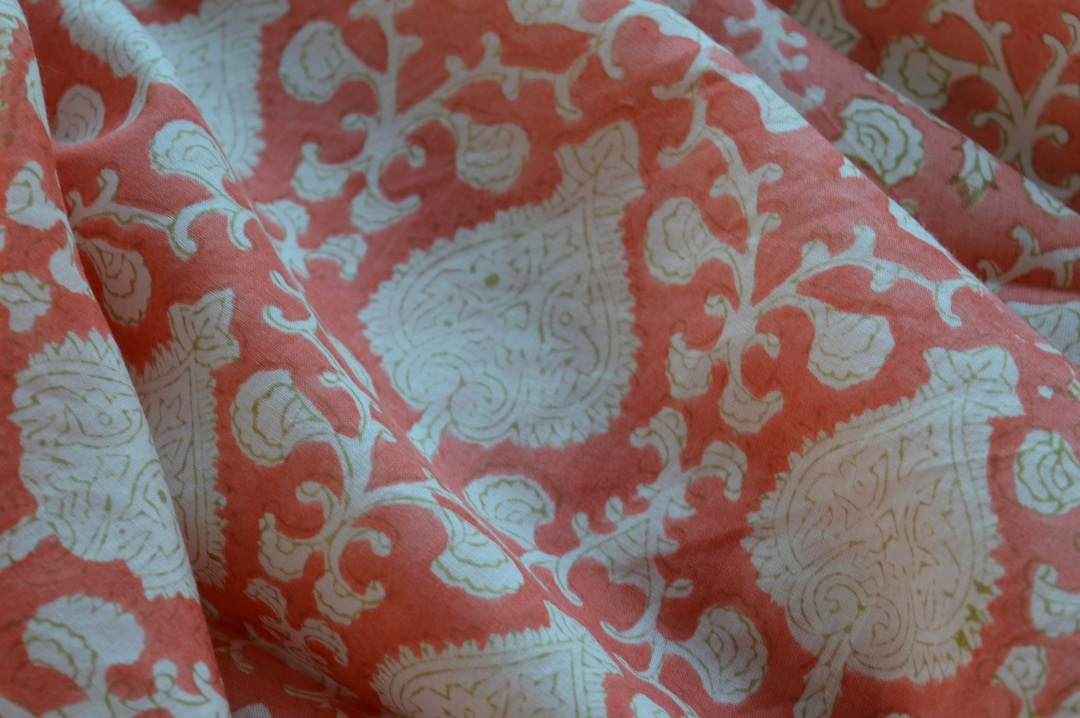 Peach Cotton Fabric, Block Print Fabric, India Fabric, Fabric by the ...