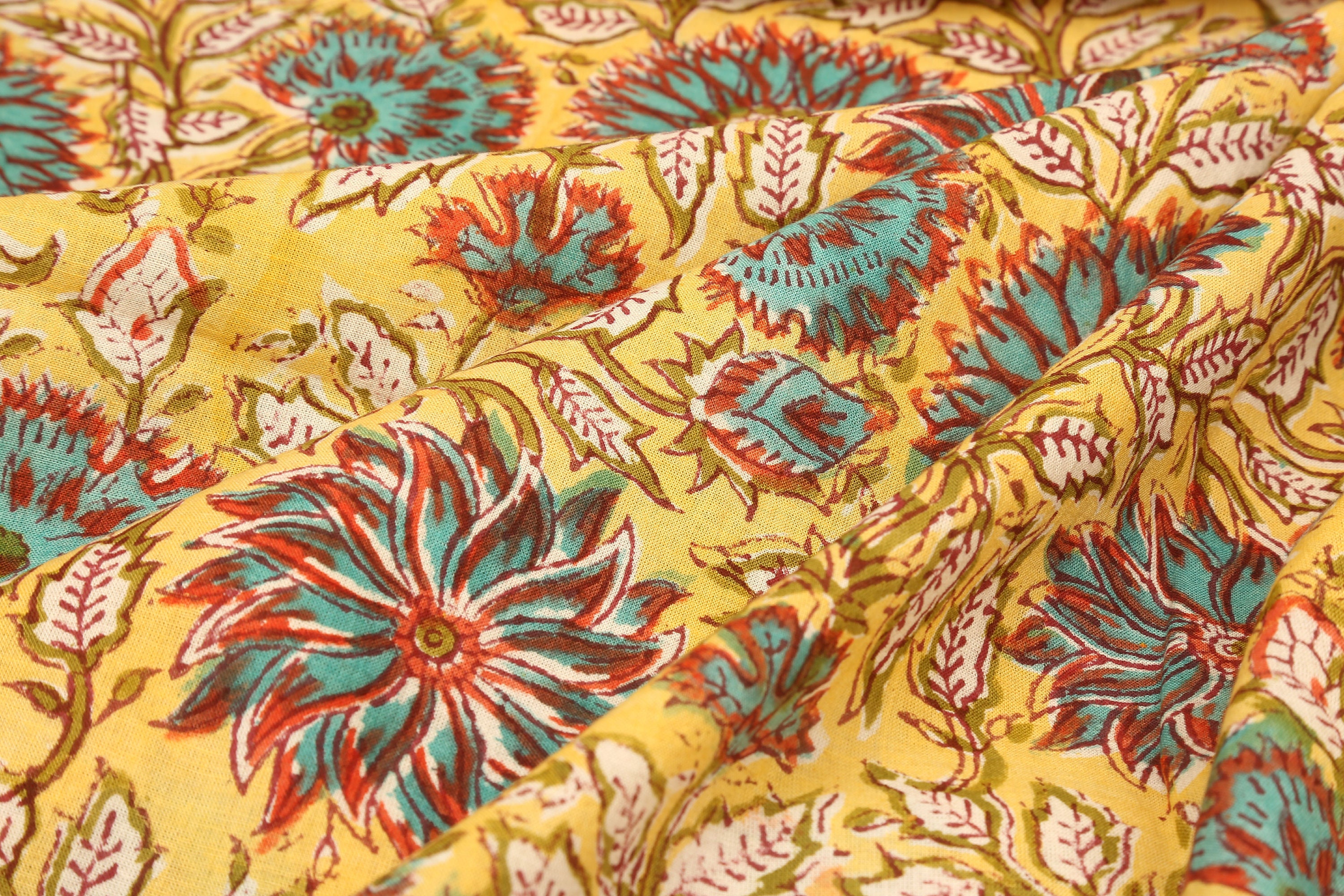 Floral Yellow & Blue Printed Cotton Fabricbeautiful Floral - Etsy