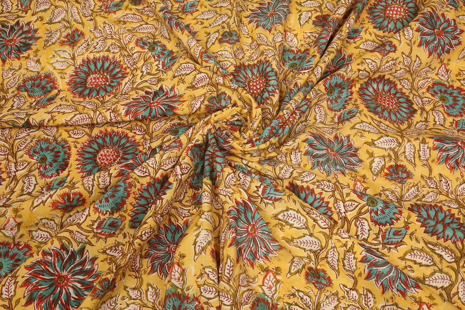 Floral yellow & blue Printed Cotton FabricBeautiful Floral | Etsy