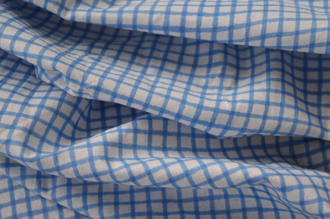 Blue Checkered Hand Block Printed Fabric, Block Print Indian Fabric ...