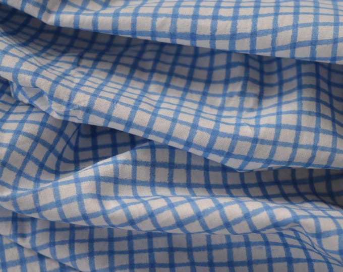 Blue Checkered Hand Block Printed Fabric, Block Print Indian Fabric ...
