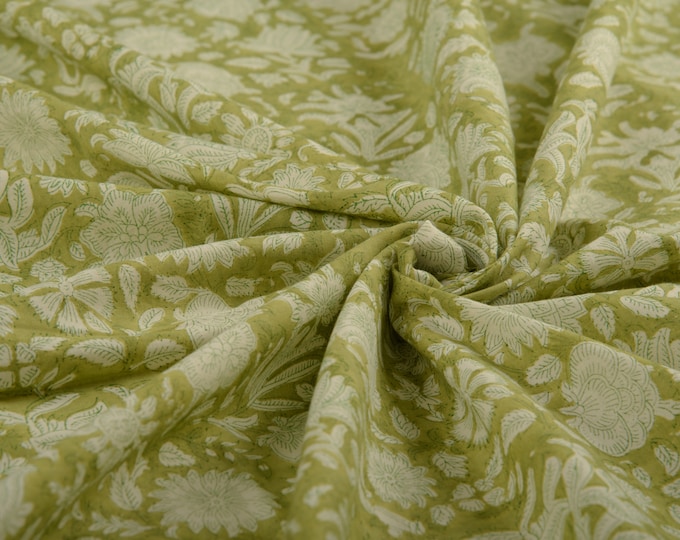 Olive Green Fabric, Block Print Cotton Fabric, India Fabric- Fabric ...