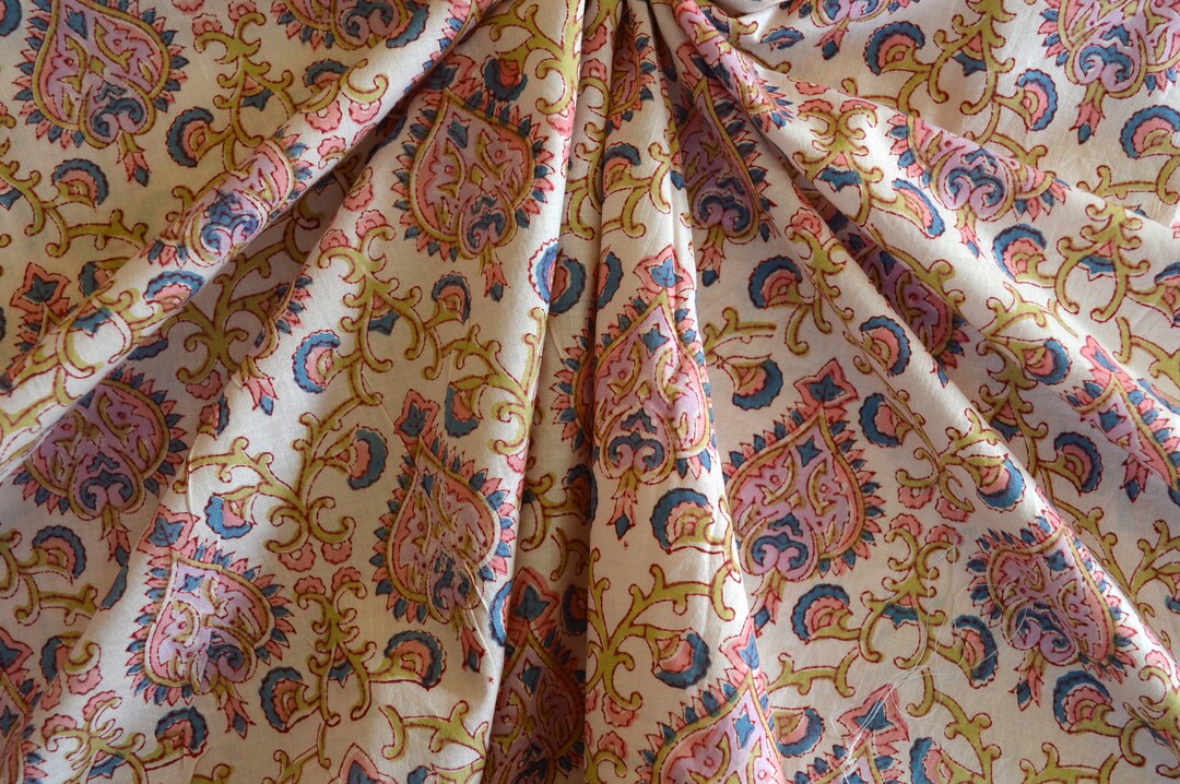 Mughal Floral Cotton Fabric: Hand Block Print Indian Fabric by the Yard ...