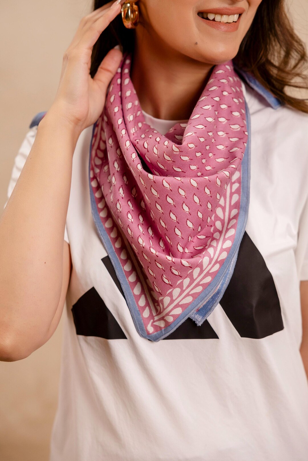 Bohemian Style Cotton Linen Neck Scarf, Hand Block Print Square Scarf, Men & Women Bandanas ...