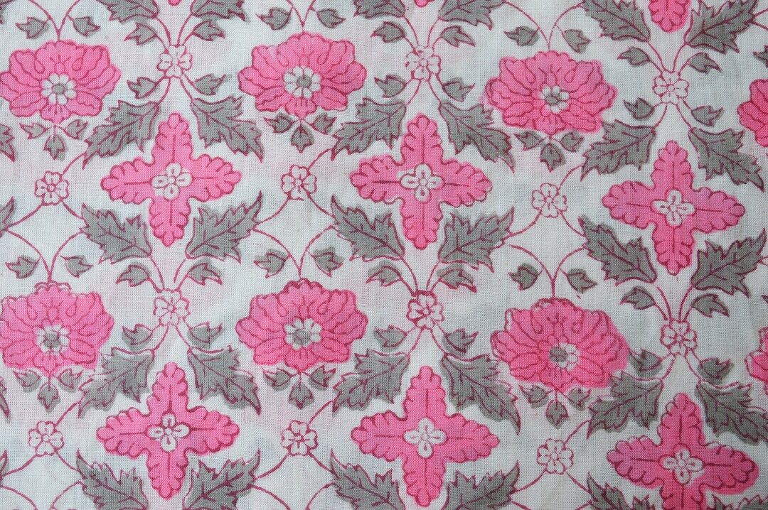 Mughal Floral Fabric: Pink & Grey Hand Block Print Cotton Cloth - Etsy