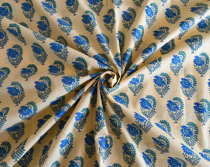 Beautiful Blue Fabric, Hand Block Print Fabric, Floral Motifs Print ...