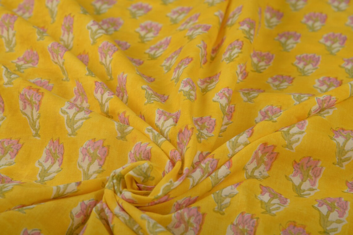 Yellow & Pink Fabric Block Print Cotton Fabric India Fabric - Etsy