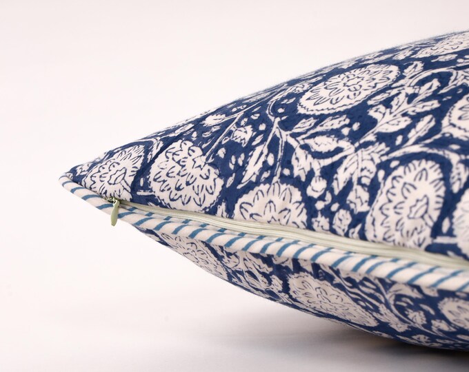Blue Block Print Floral Pillow Cover, Designer Block Print Throw ...