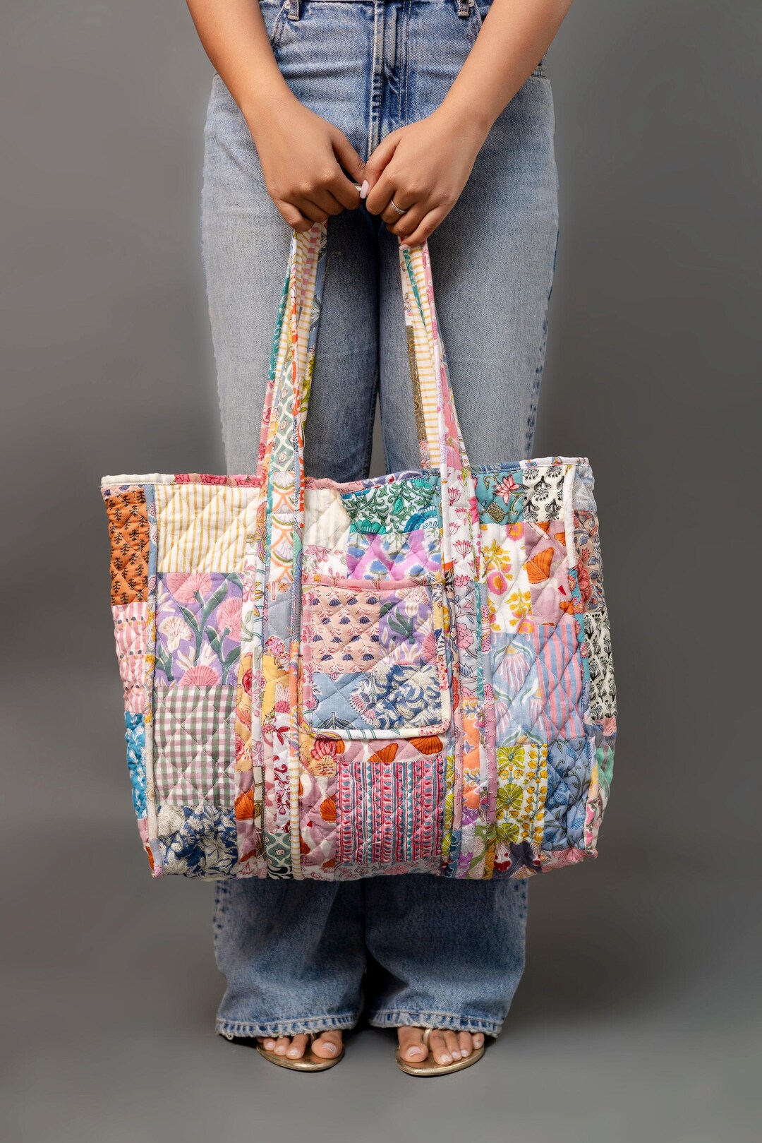 Large Quilted Patchwork Tote | Handmade Cotton Shoulder Bag | Boho ...