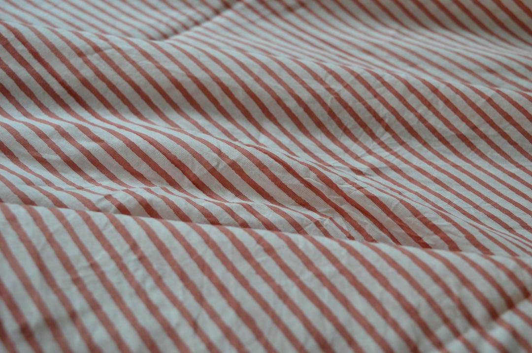 Off White and Terracotta Striped 100% Cotton Fabric, Soft Hand Block ...