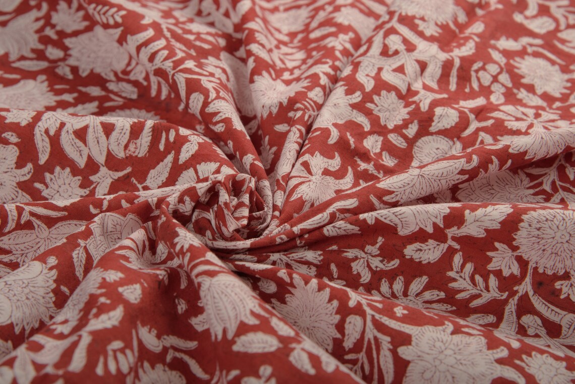 Maroon Floral Print fabric Block Print Cotton Fabric India | Etsy