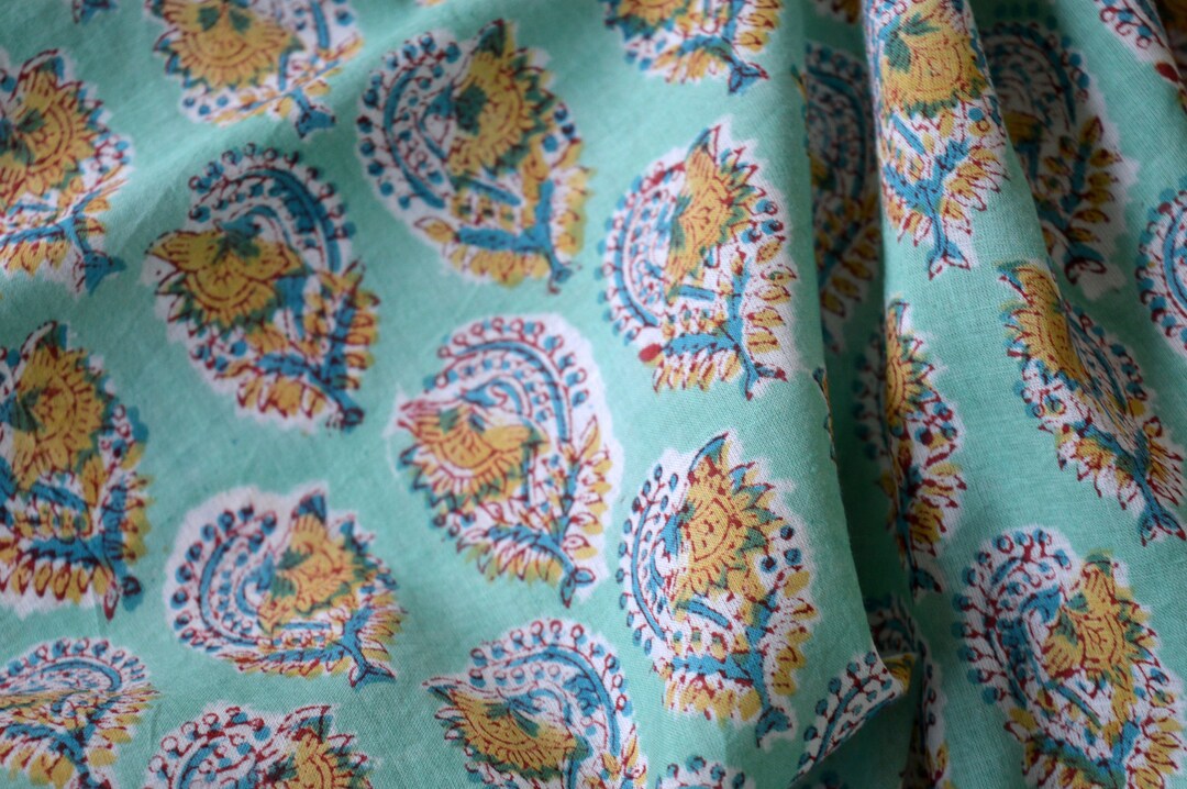 Cyan Blue Block Print Cotton Fabric: Indian Sewing Fabric by the Yard ...