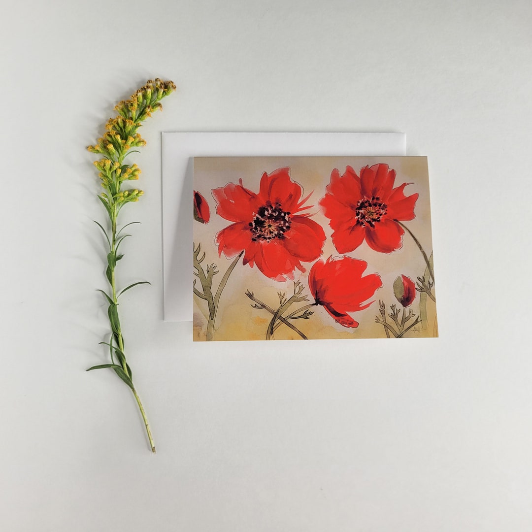 Two Pack Poppy Note Card, Watercolor Print, Blank Inside, Handmade ...