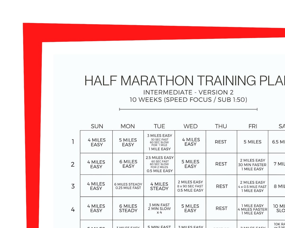 Half Marathon Plan for Intermediate Runners | Printable Download Half ...