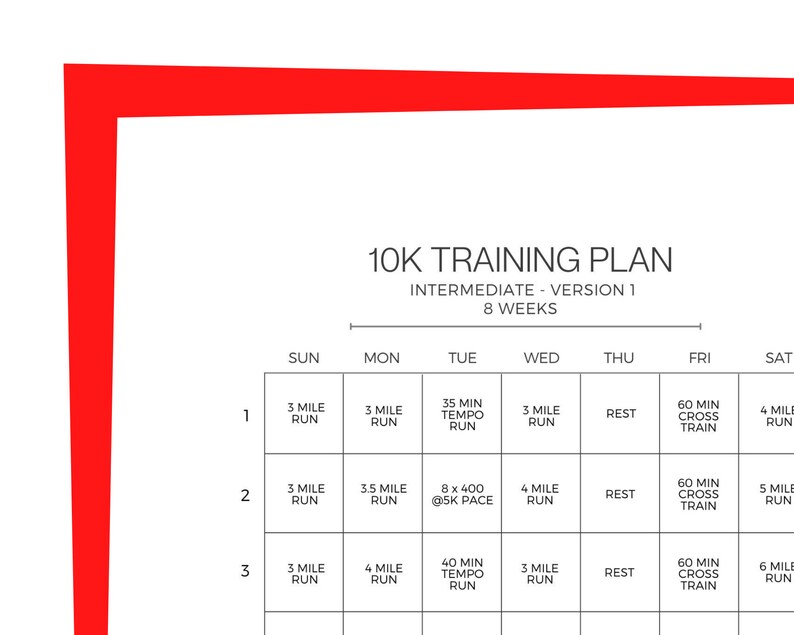 10k Training Plan Intermediate Printable Download 8 Weeks to | Etsy
