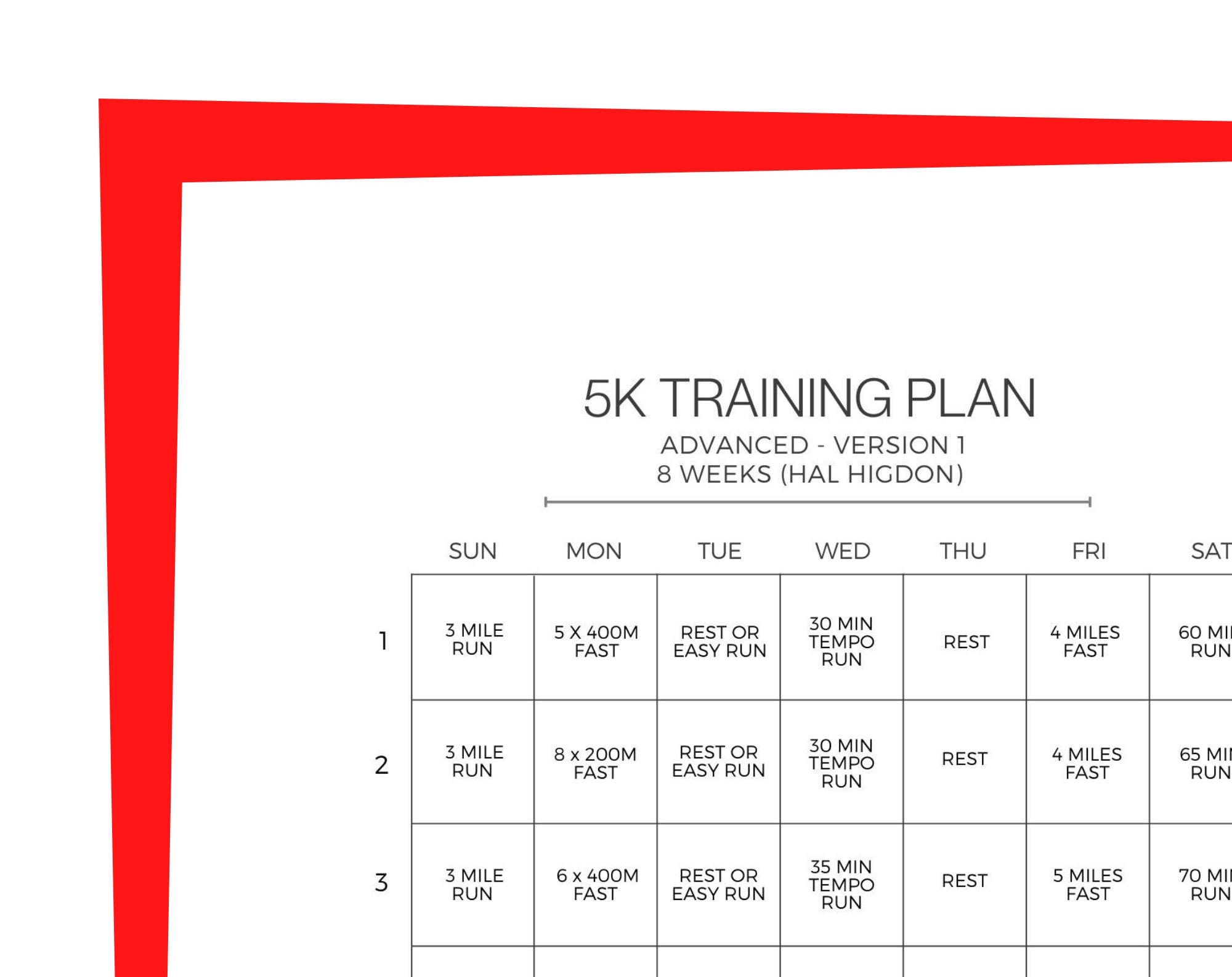 5k Training Plan Printable Advanced Runner Race Plan 8 | Etsy Singapore