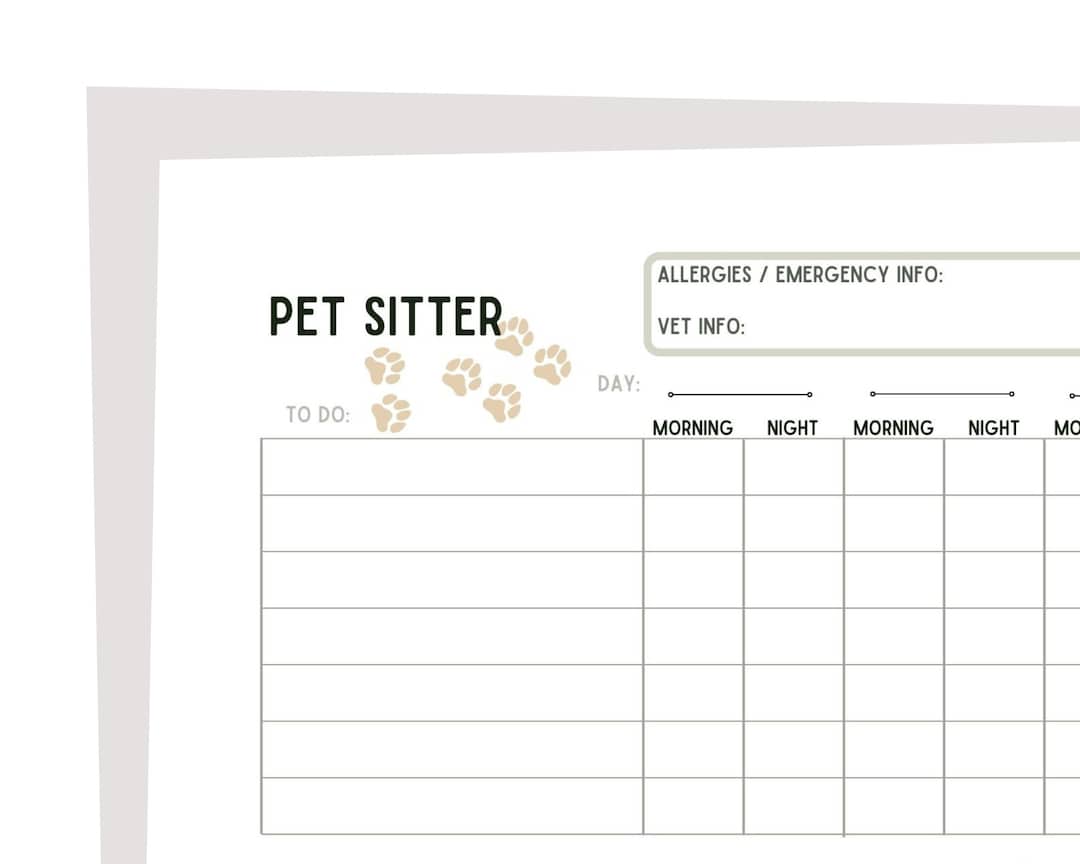 Pet Sitter Printable Template for Pet Care | Pet Schedule for Sitter ...