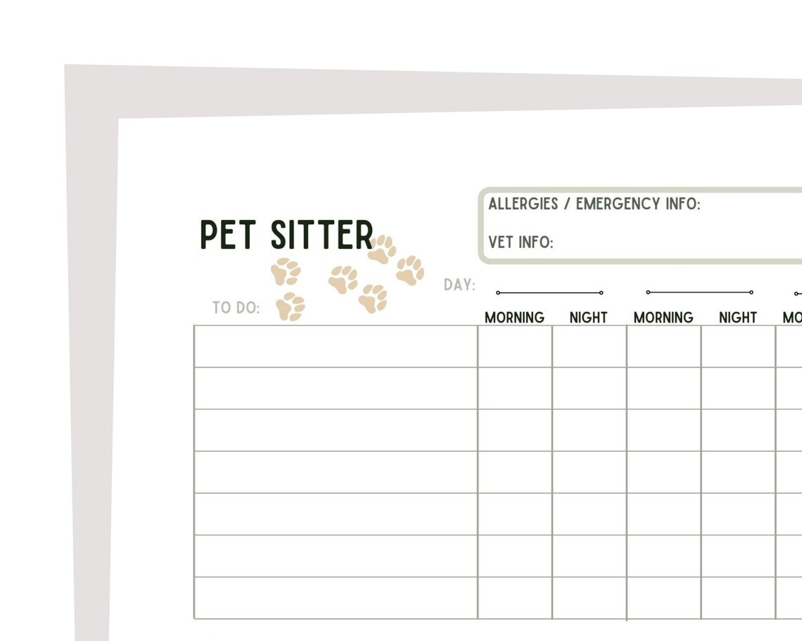 Pet Sitter Printable Template for Pet Care | Pet Schedule for Sitter ...