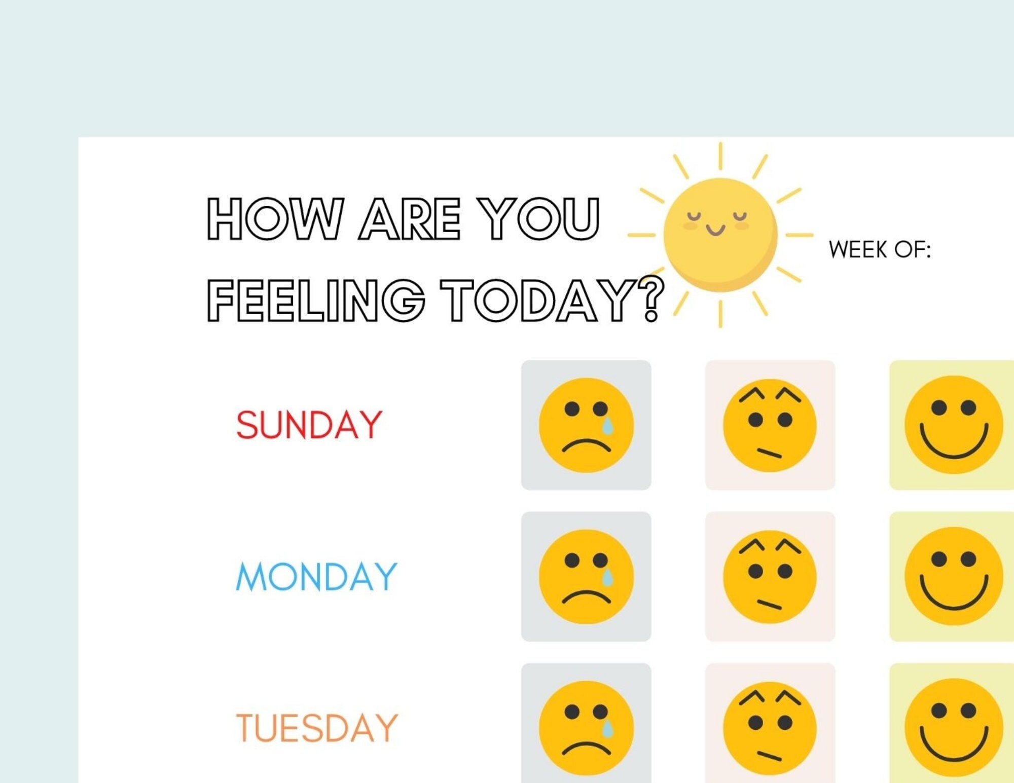 Mood Tracker for Kids Printable Daily Feelings Mood Download for ...