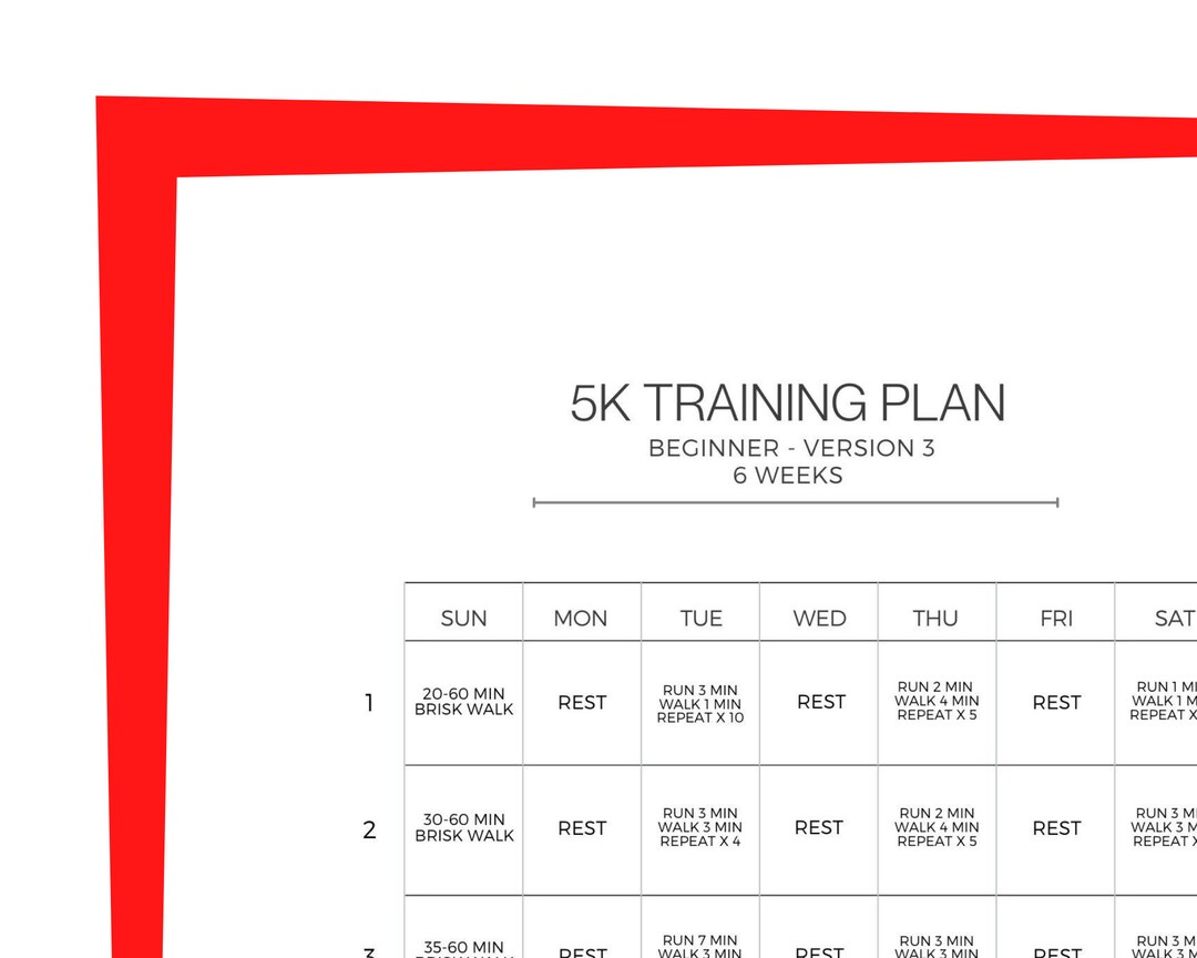 5k Training Plan Printable For Beginners Loco Coco 5k Etsy