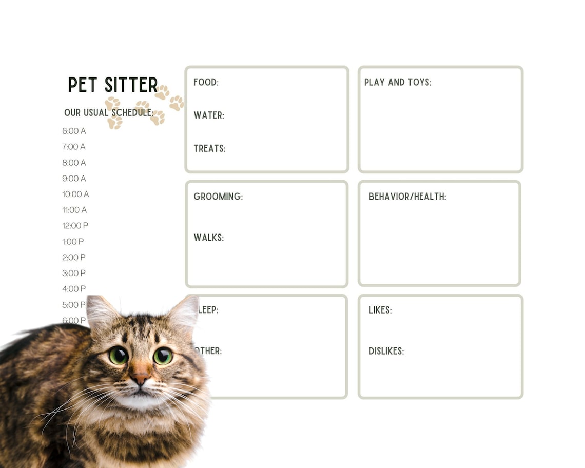 Pet Sitter Printable Template for Pet Care | Pet Schedule for Sitter ...