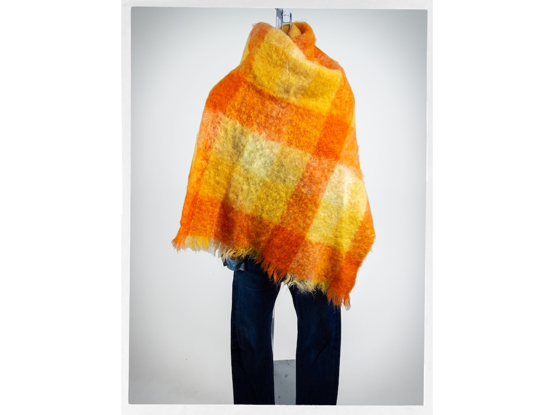 Vintage 80s Shawl, Scottish Mohair Wrap, Mohair Plaid Wrap, Orange ...