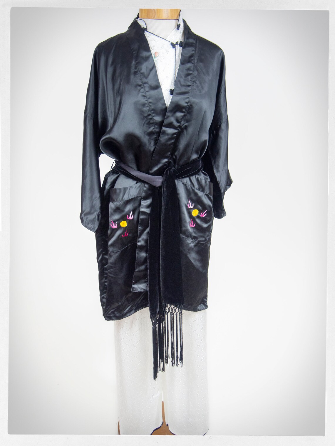 Retro 80s Robe Black Satin Robe Asian Dressing Gown | Etsy