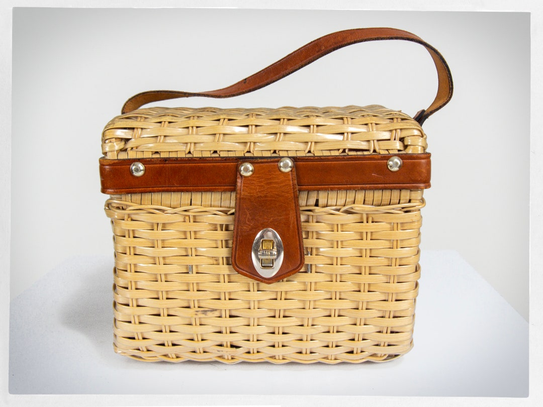 50s Wicker BOX Purse, Top Handle Purse, 60s Purse, Wicker and Leather ...