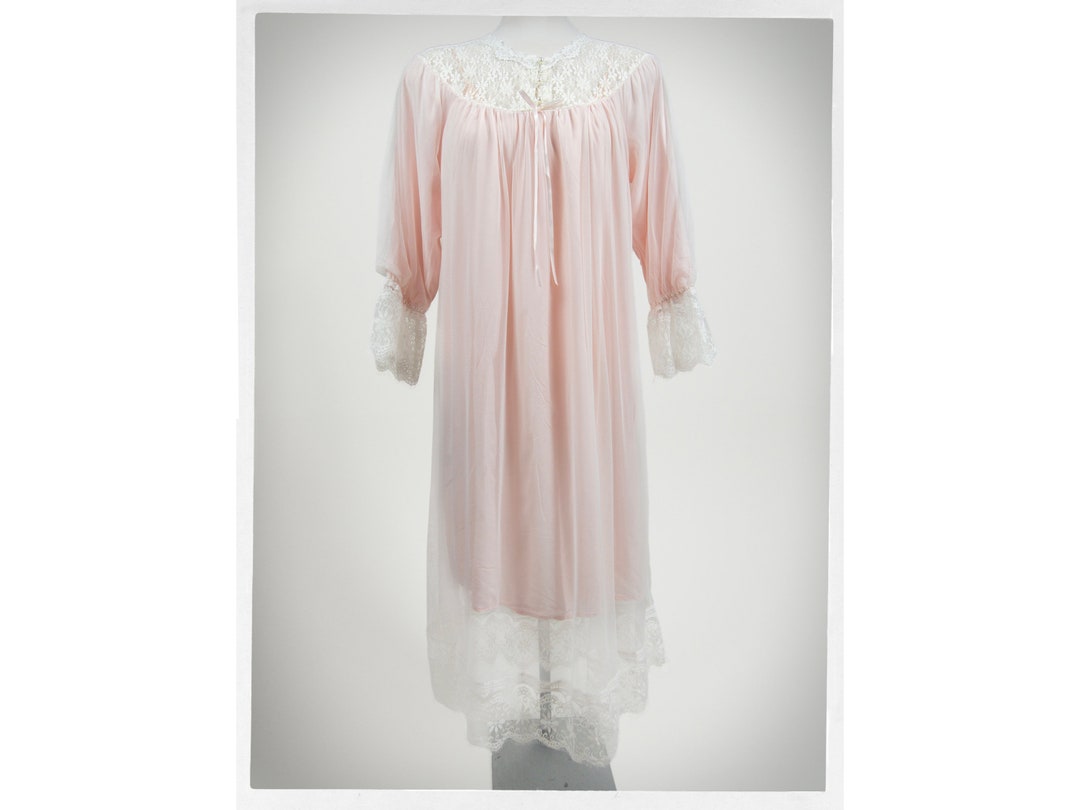 Retro 80s Lace PEIGNOIR, Nylon Negligee, 70s Lace Pink Loungewear ...