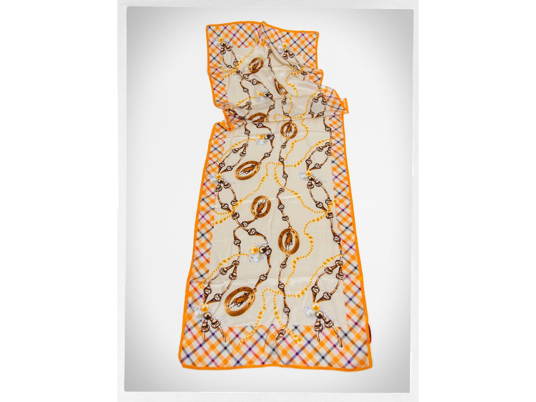 Retro 90s Scarf, Orange Silk Scarf, Long Silk Scarf, Equestrian Pattern ...