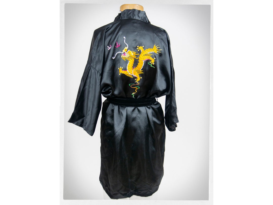 Retro 80s Robe, Black Satin Robe, Asian Dressing Gown, Embroidered ...